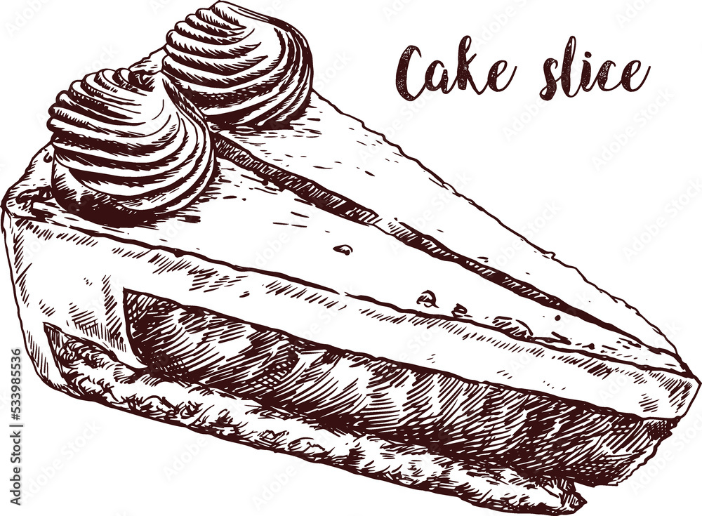cake slice with cream om top sketch hand drawn ink illustration bakery ...