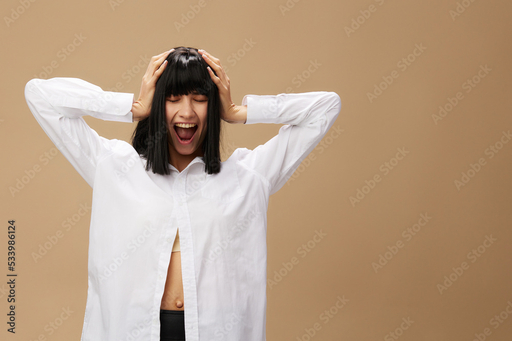 Happy enjoyed cute stylish adorable brunet lady in white shirt flirting ...