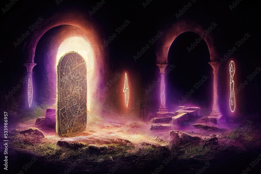 Fantasy night landscape with magical power, ancient stones with magical ...