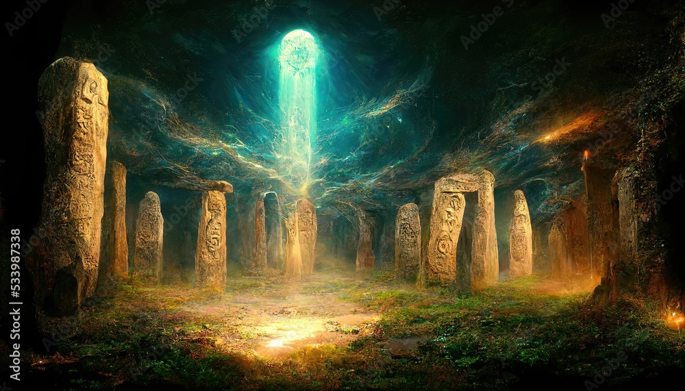 Fantasy night landscape with magical power, ancient stones with magical ...