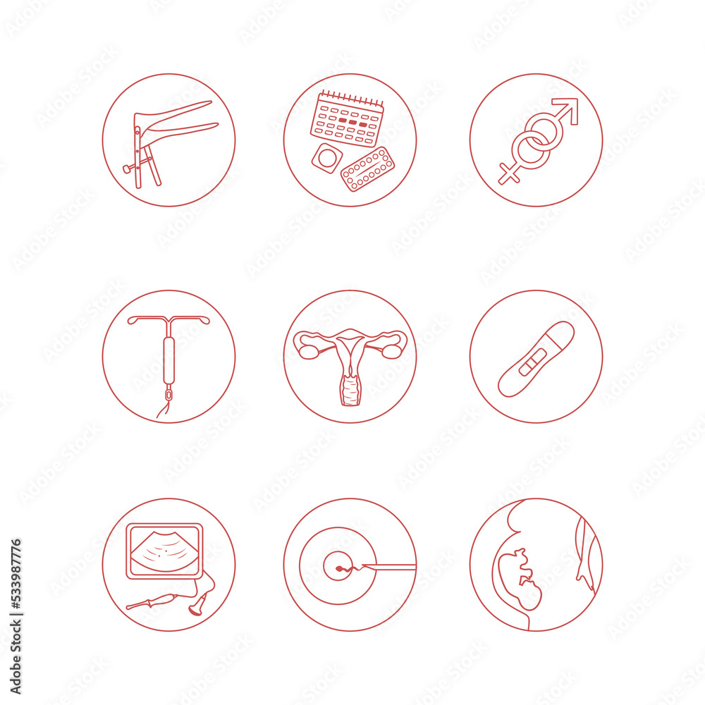 Woman fertility icon set. Obstetrics signs collection. Pregnancy ...