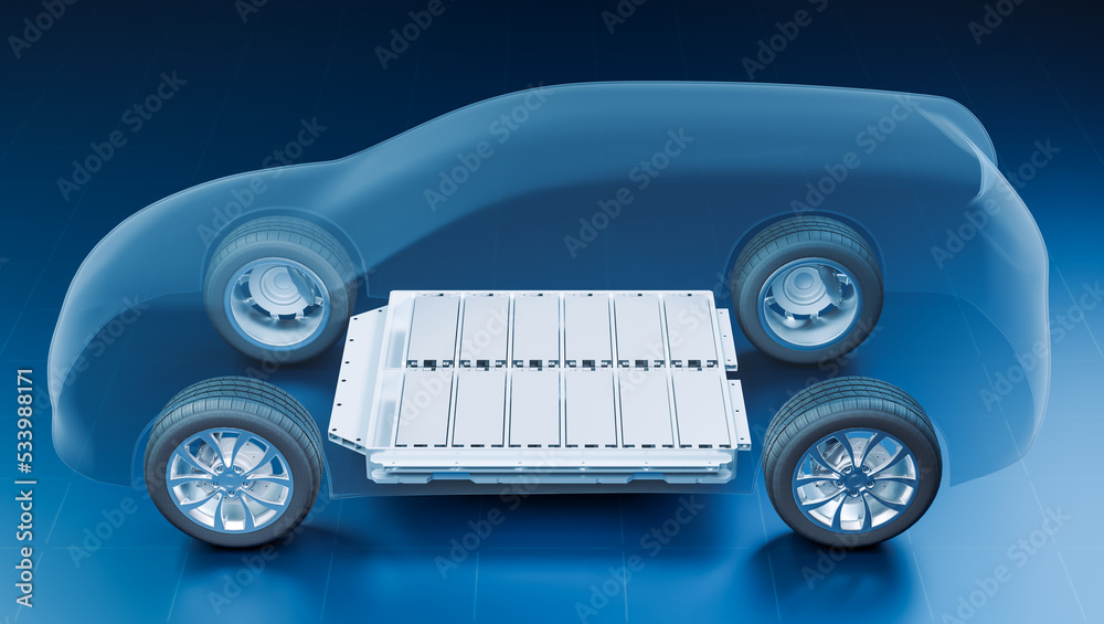 Transparent view inside electric vehicle with lithium ion battery ...