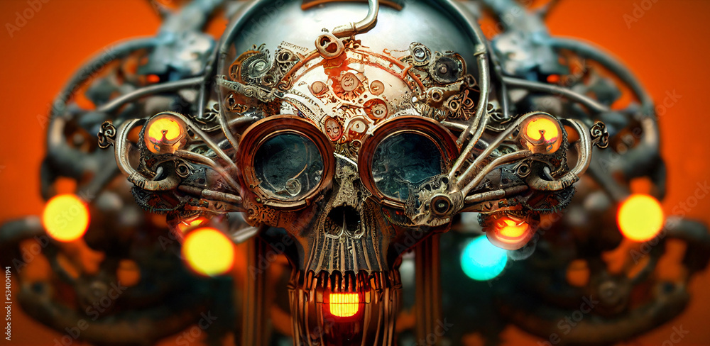 surreal steampunk skull, post apocalyptic satanic head, biomechanical ...