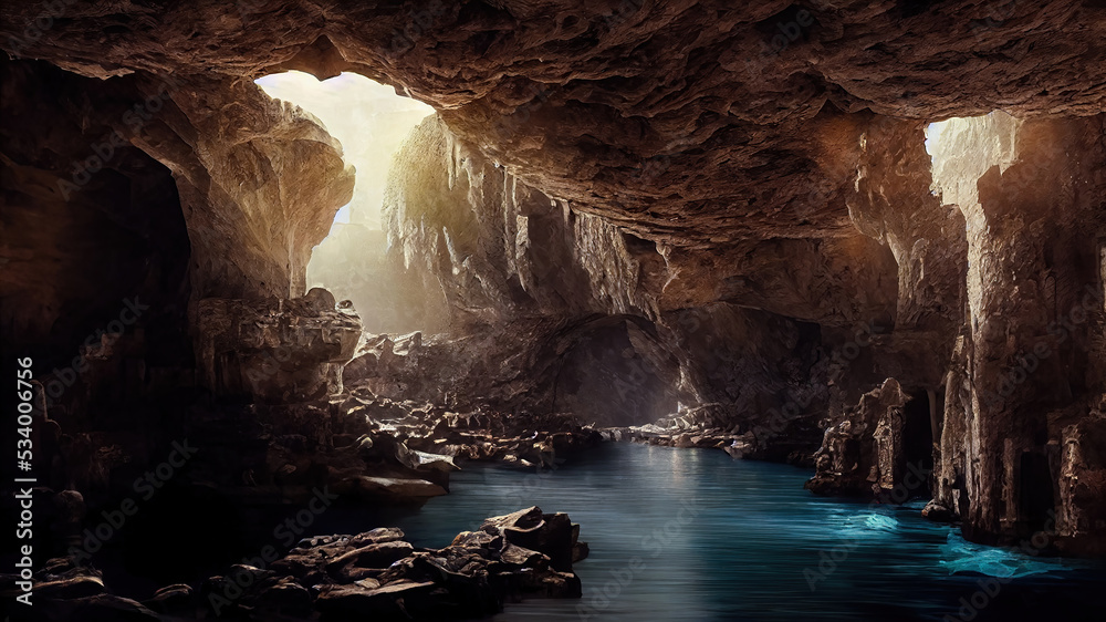 AI generated image of a mysterious lake inside an old cave Stock ...