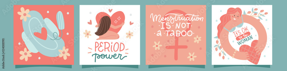 Set of female periods cards. Menstrual cycle concept. Woman critical ...