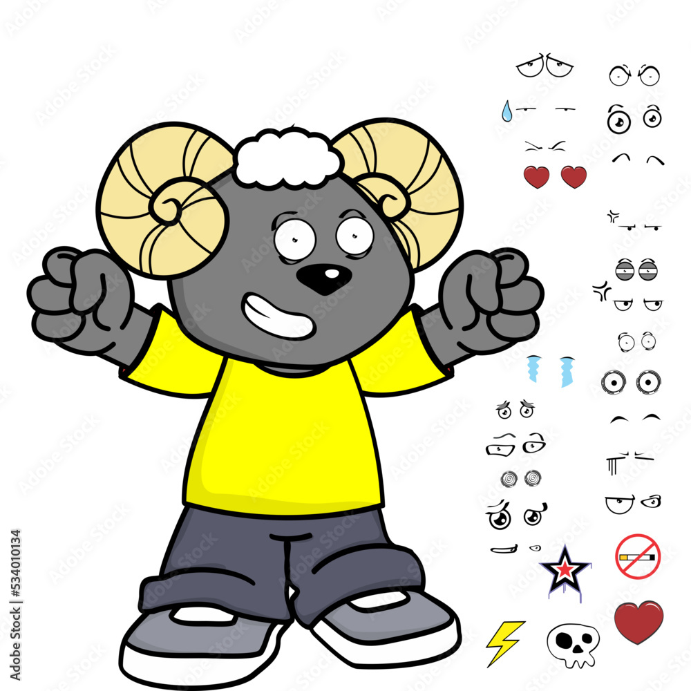 ram young kid character cartoon kawaii expressions set pack in vector ...