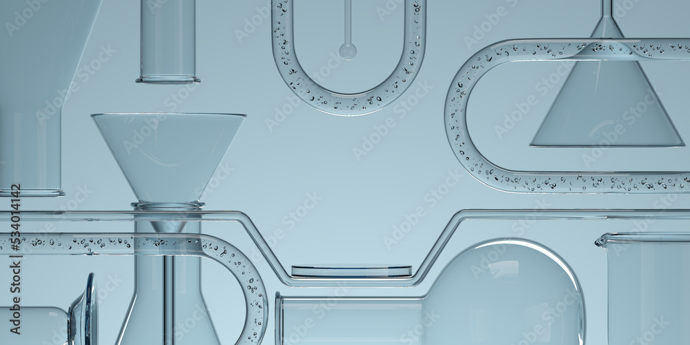 3d cosmetic background. 3d cosmetic bottle lab glassware and podium ...