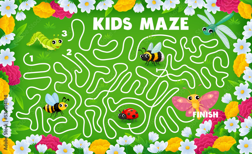Labyrinth maze game, cartoon insect characters on summer meadow vector ...