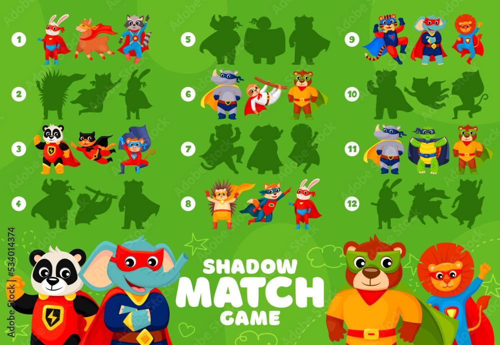 Vetor do Stock: Shadow matching game. Superhero cartoon animal ...