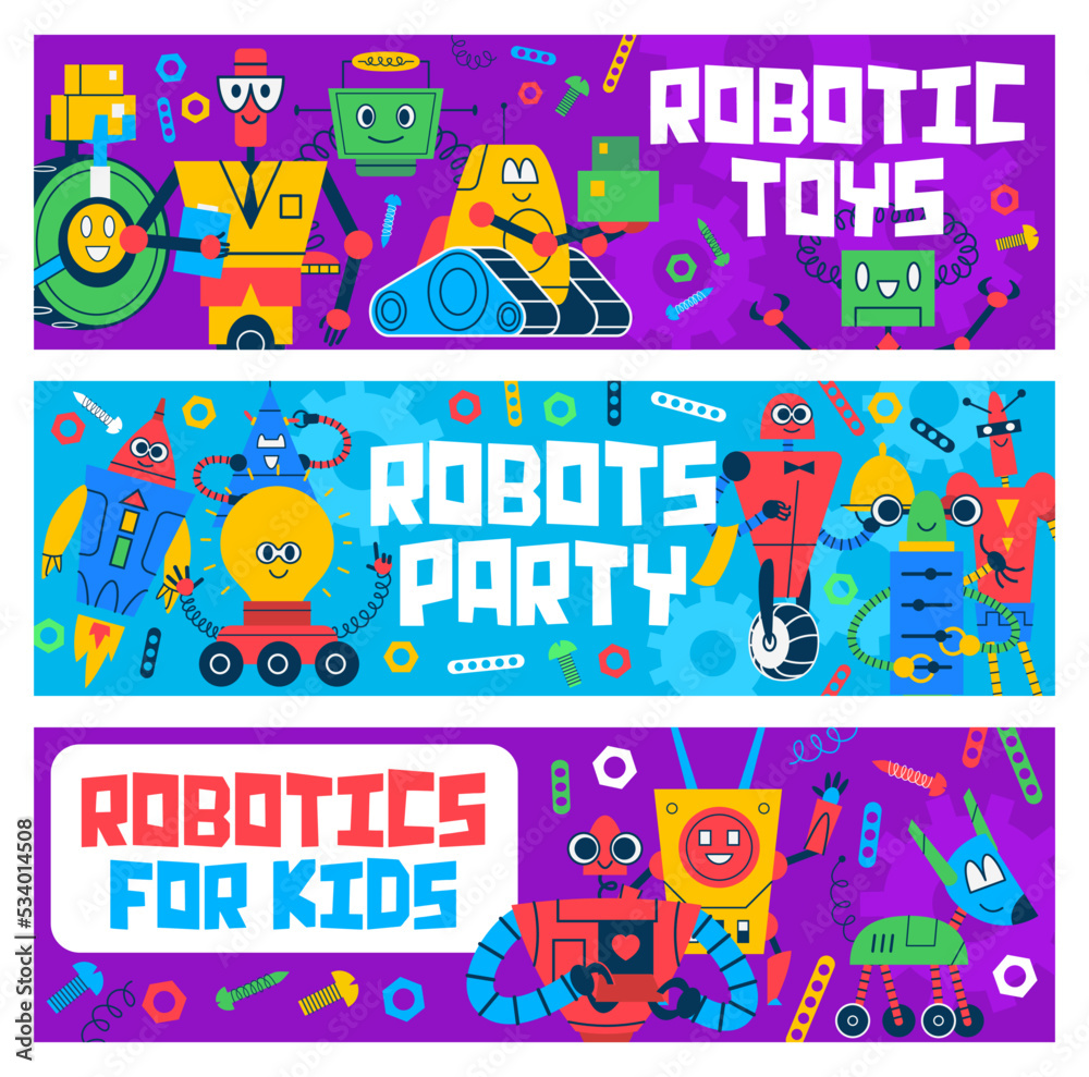Cartoon robots and droids kids toys, cute space machine characters ...