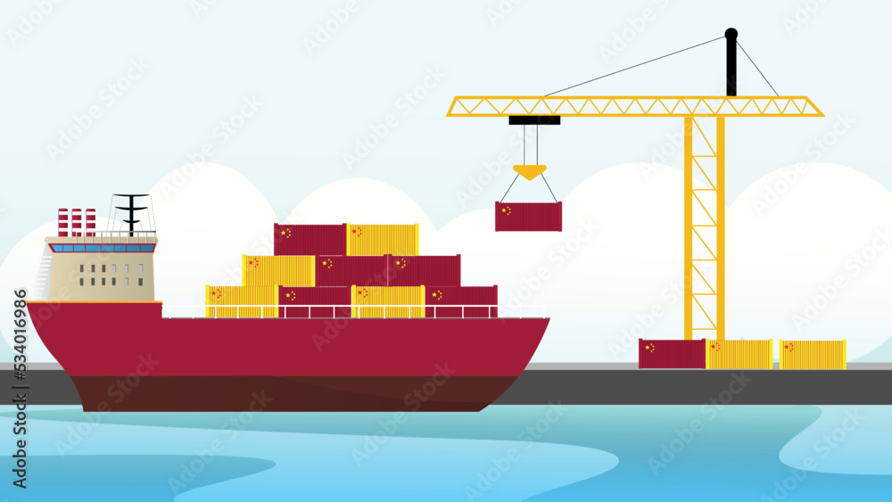 Vetor de China cargo ship in port, China Cargo sea port with cargo ...