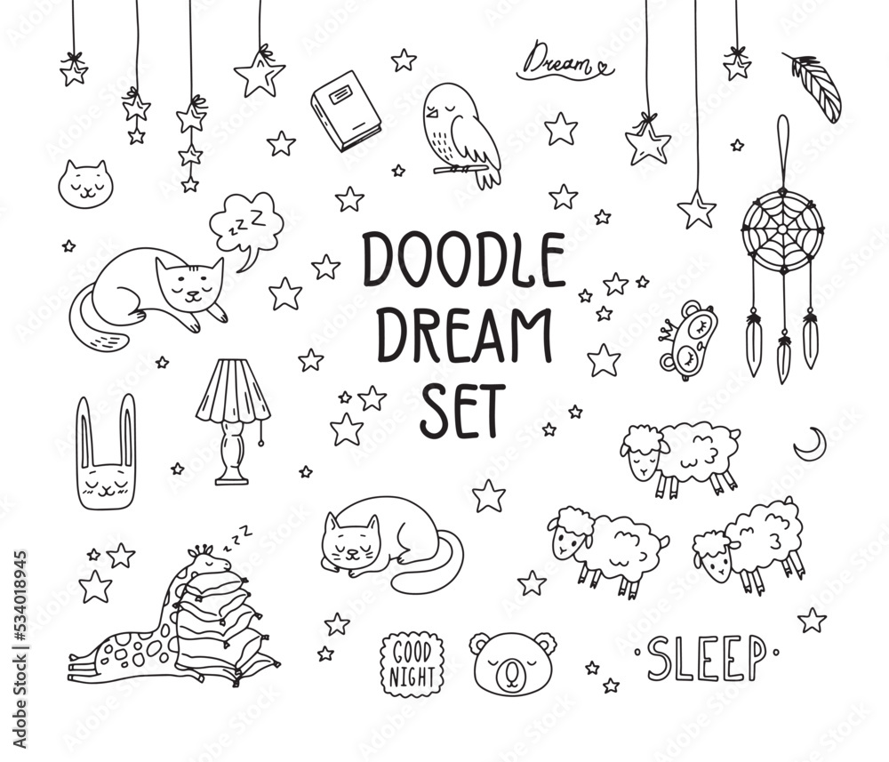 Sleep dream cute outline Doodle icons. Sleeping simple cartoon drawing ...