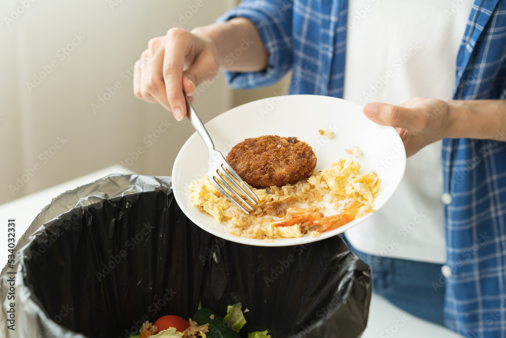 Compost from leftover food, refuse asian young housekeeper woman, girl ...