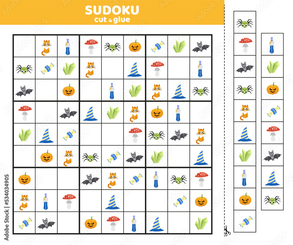 Halloween sudoku for kids with nine cartoon pictures. Halloween sudoku ...