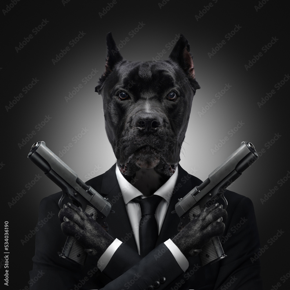 Artwork of dog professional killer holding pistols in cross ...