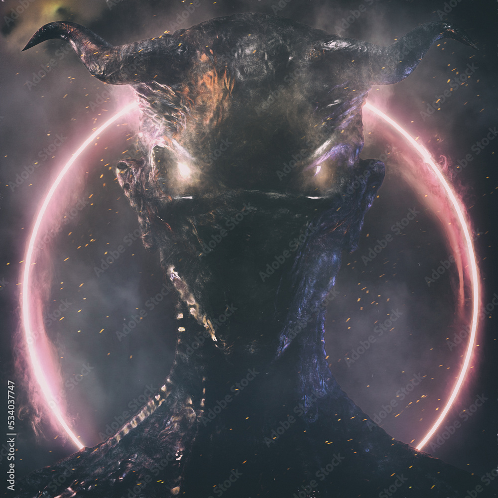 dark demon figure with horns and neon light background with dust, smoke ...