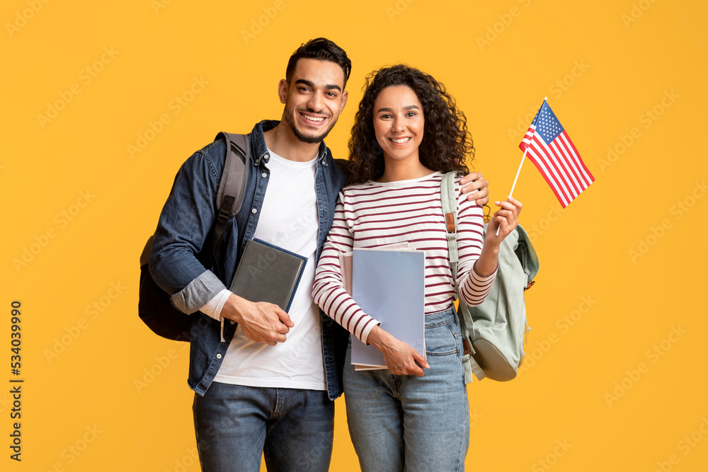 Study Abroad. Smiling Middle Eastern Students Couple Posing With ...