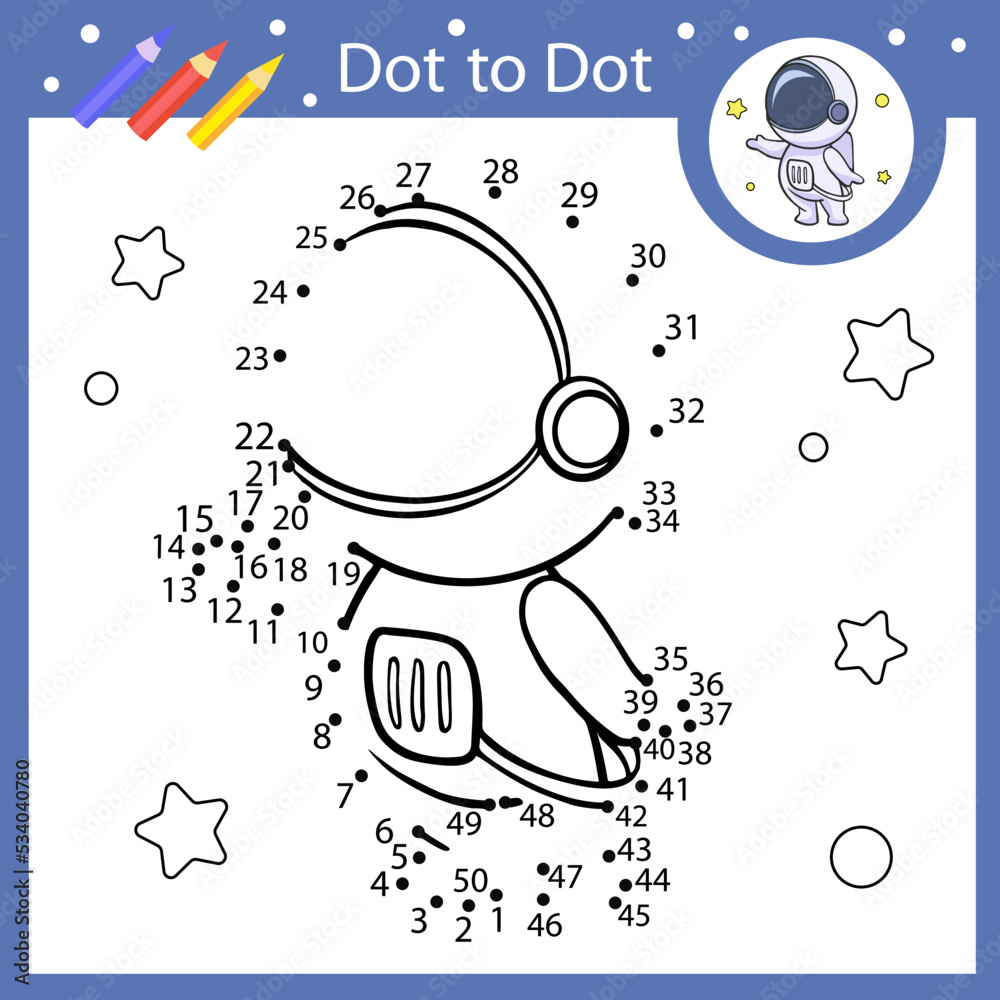 Dot to dot game connect drawing of a cosmonaut. Children space activity ...