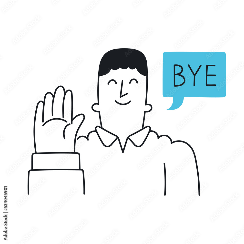 Bye! Happy man waves his hands in farewell. Outline, linear, thin line ...