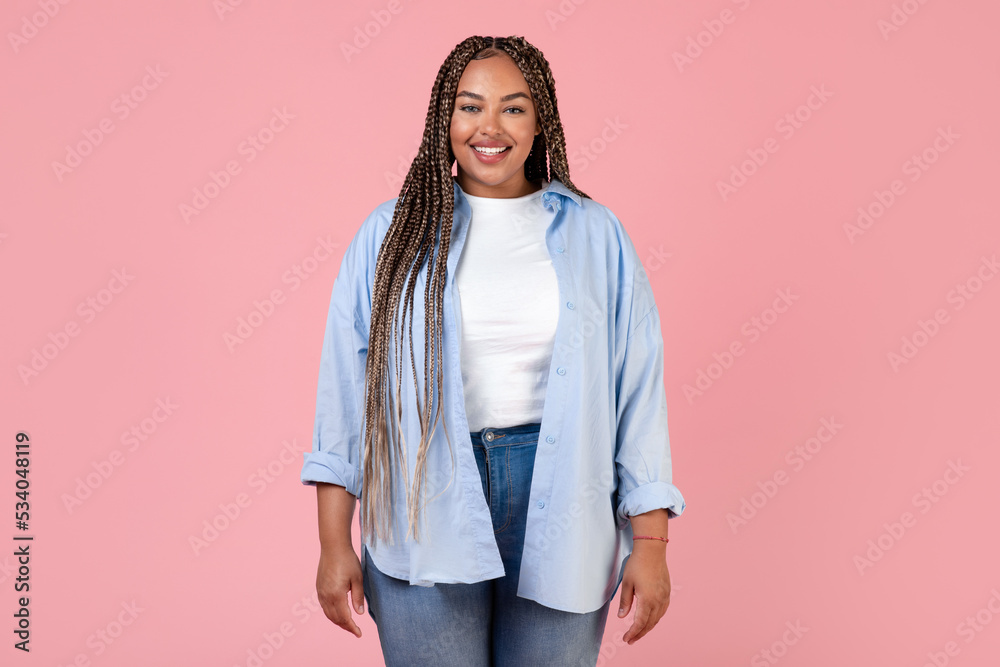 Pretty African American Obese Lady Model Standing On Pink Background ...