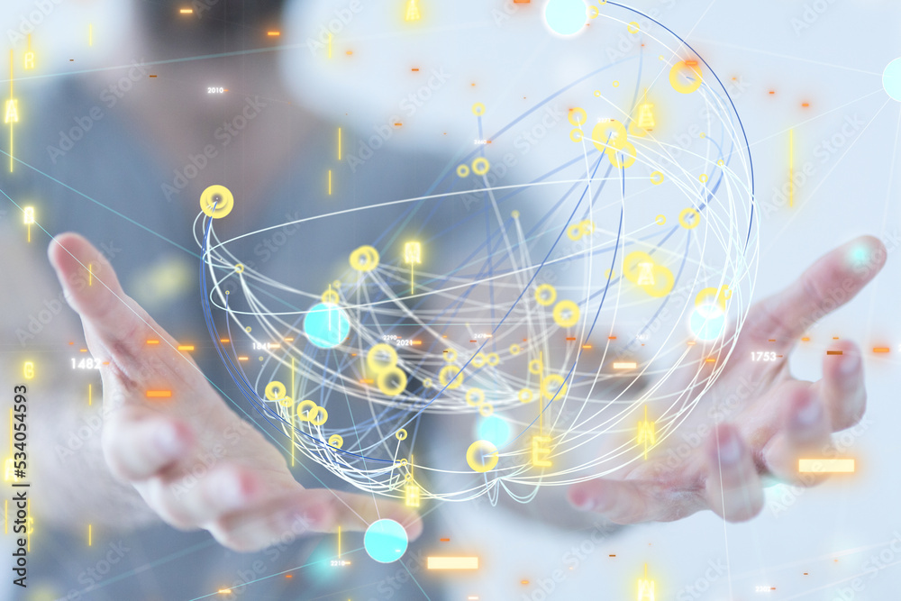 Global network. Blockchain. 3D illustration. Neural networks and ...