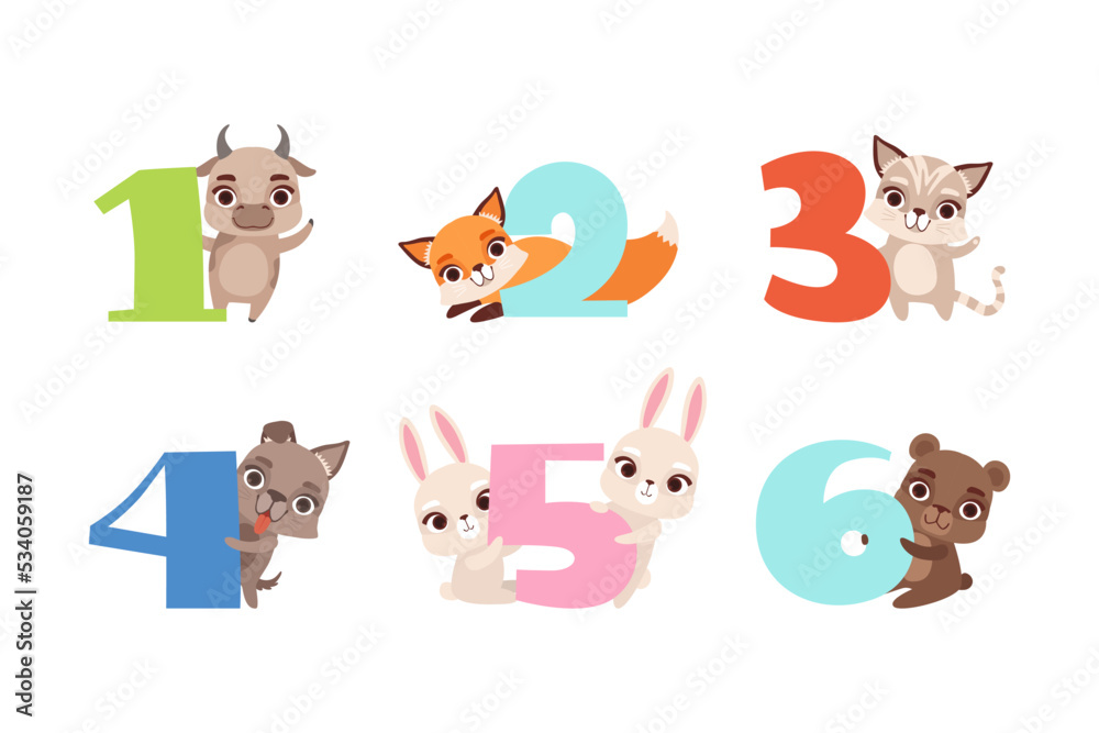 Numbers and cute animals set. Birthday anniversary numbers with kitten ...