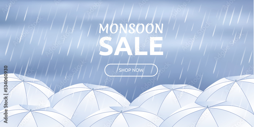 Monsoon sale. Beautiful umbrellas. Banner, landing page, poster, label ...
