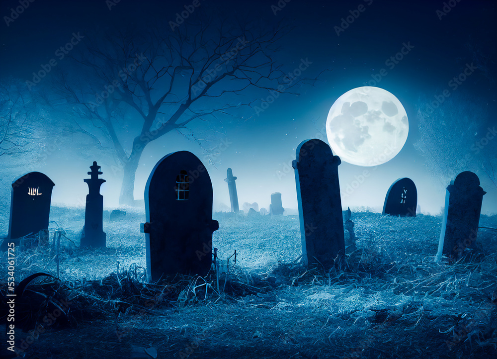 Spooky and abandoned old graveyard, lit by the full moon, with ancient ...