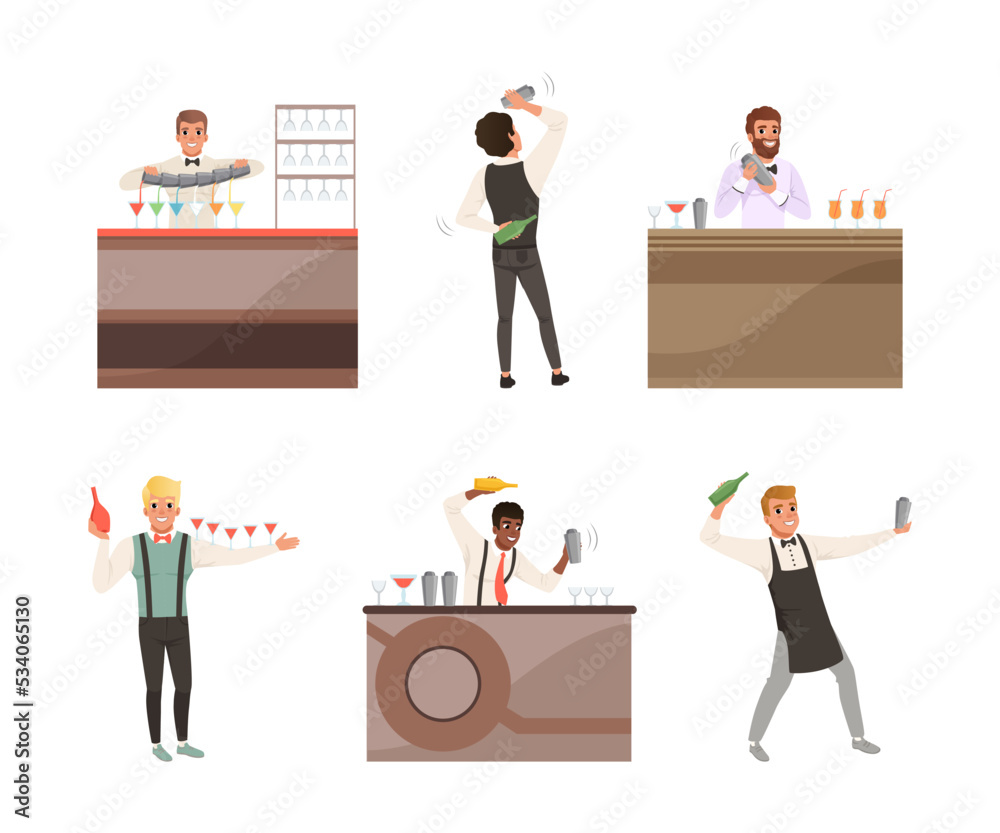 Professional bartenders mixing and preparing alcoholic cocktails at bar ...