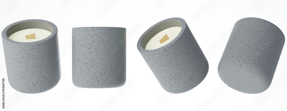 Set of different angles of handmade candle with wooden wick in concrete ...