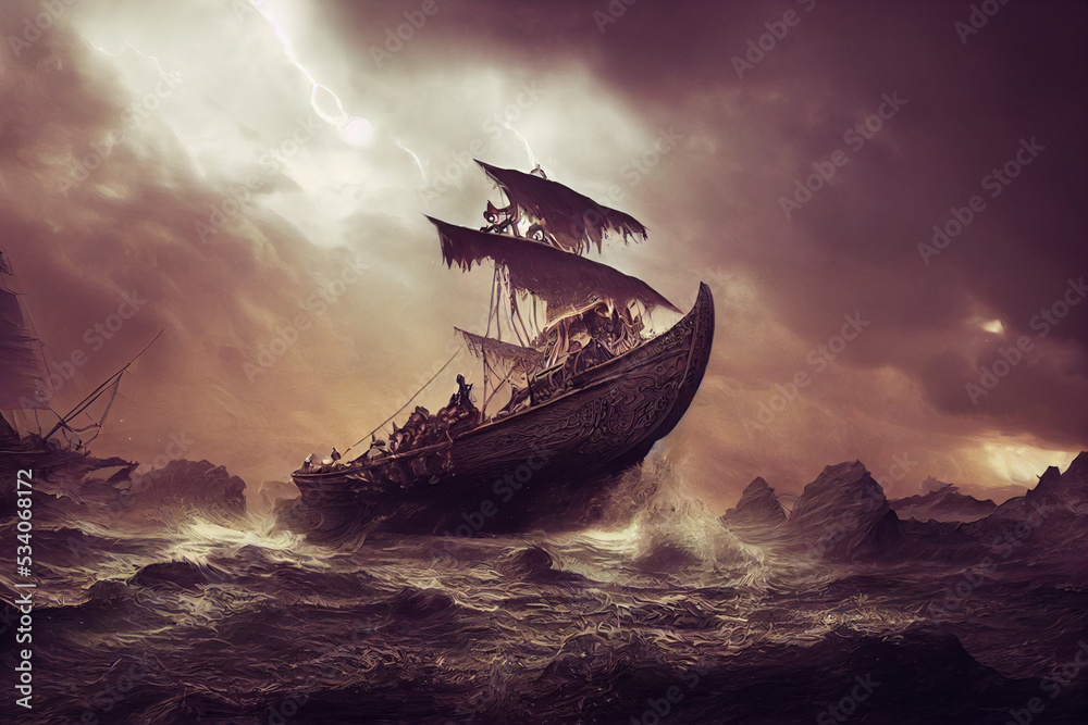 Viking`s battle ship Drakar in the middle of stormy sea. Stock ...