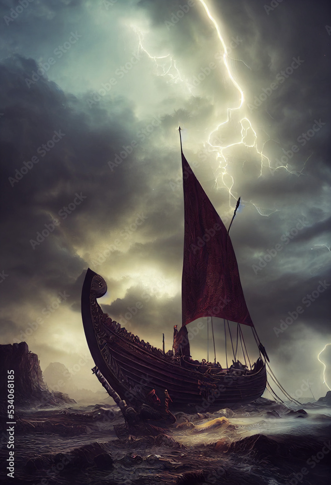 Viking`s battle ship Drakar in the middle of stormy sea. Stock ...