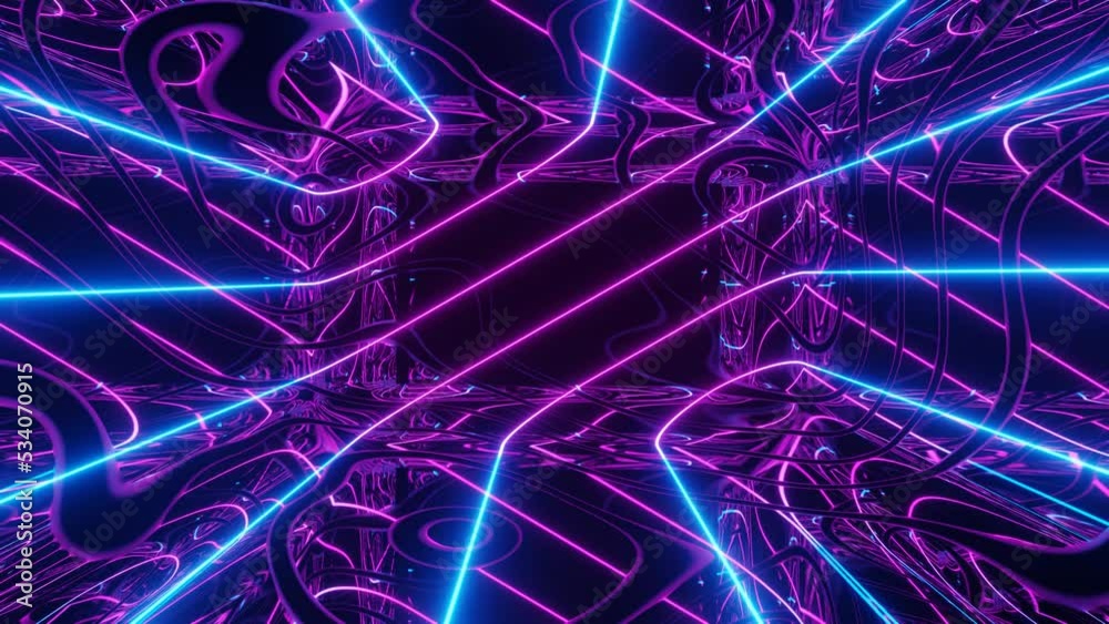 Vj loop neon room. Mirror room with neon light. Abstract festive bg ...