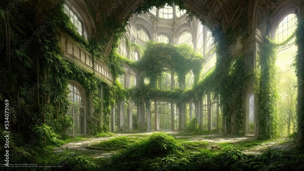 A garden in a majestic architectural building with large stained glass ...