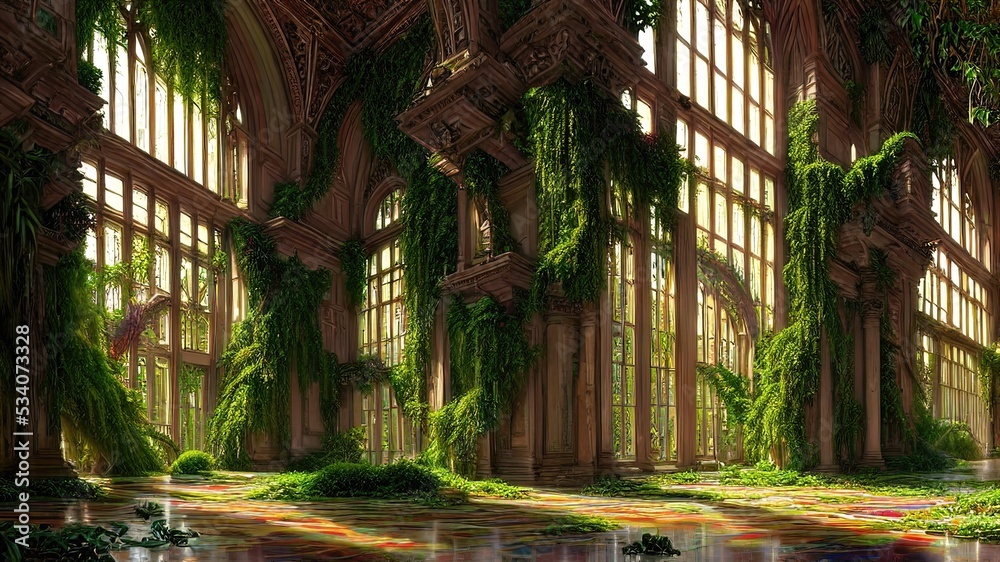 A garden in a majestic architectural building with large stained glass ...