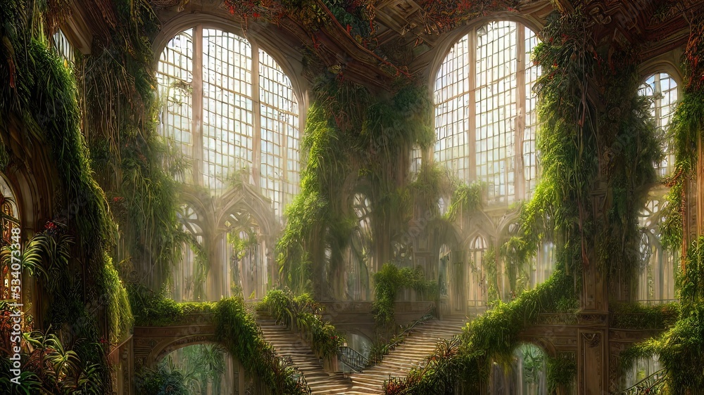 A garden in a majestic architectural building with large stained glass ...
