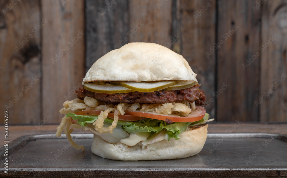 Vegetarian cuisine. Plant based burger. Not Burger. Closeup view of ...