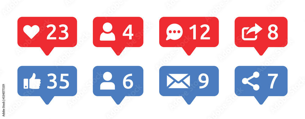 Social network notification icon set. Follower, like, love, comment ...