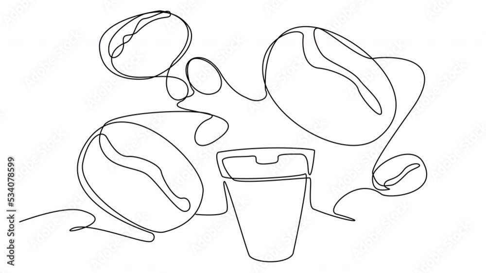 Self-drawing of a plastic cup of coffee and grains in one line on a ...