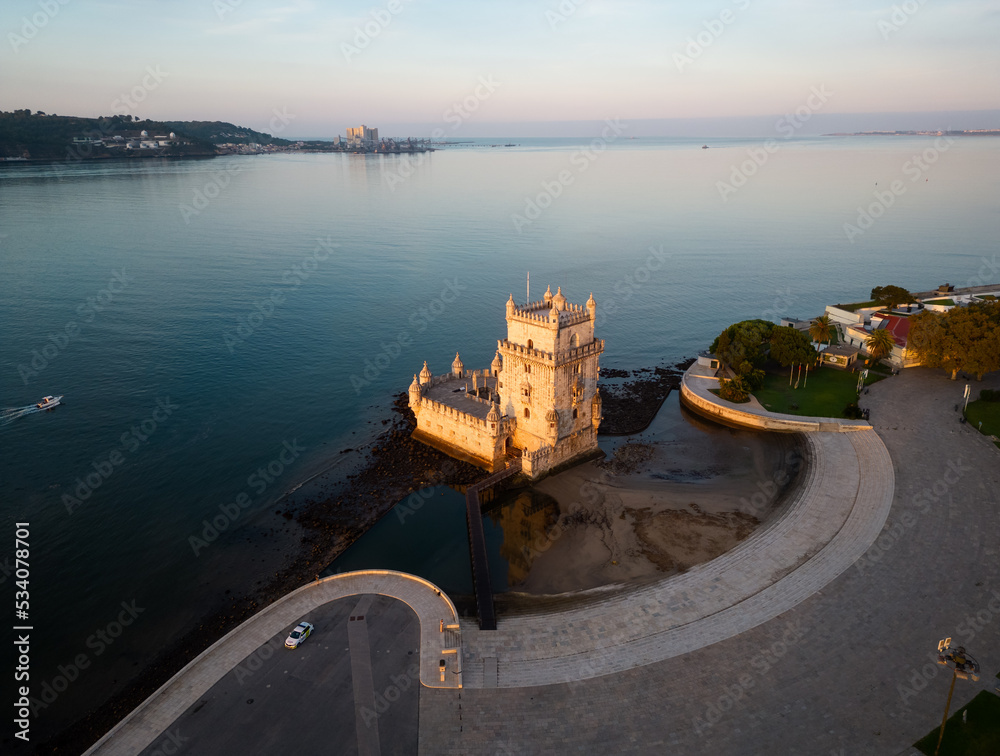 Aerial views of Torre de Belém - Rio Tejo, Lisboa - Portugal Stock ...
