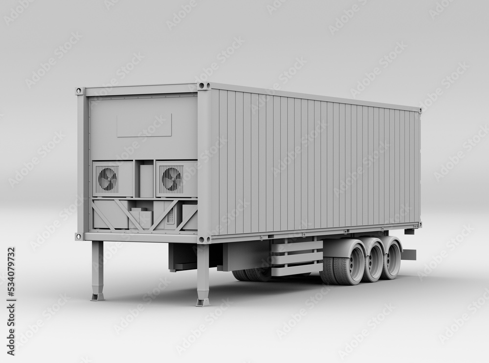 Clay rendering of single reefer container trailer. Cold chain concept ...