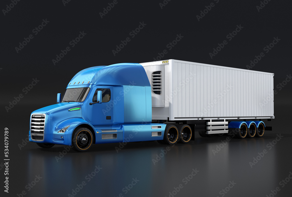 Blue fuel cell powered heavy truck reefer container. Cold chain concept ...