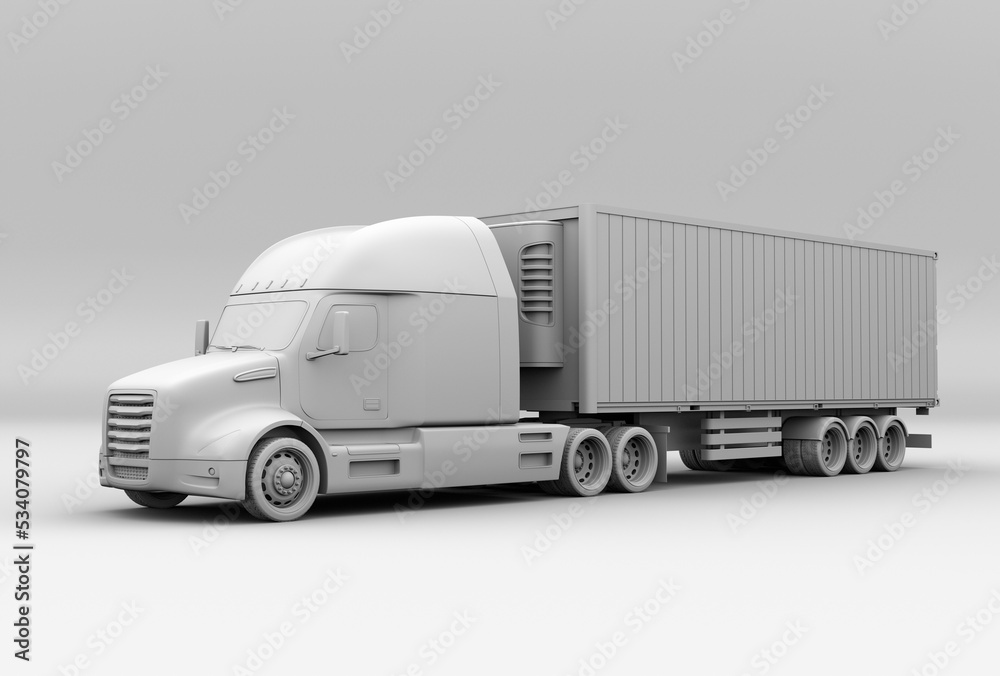 Clay rendering of heavy truck with reefer container. Cold chain concept ...