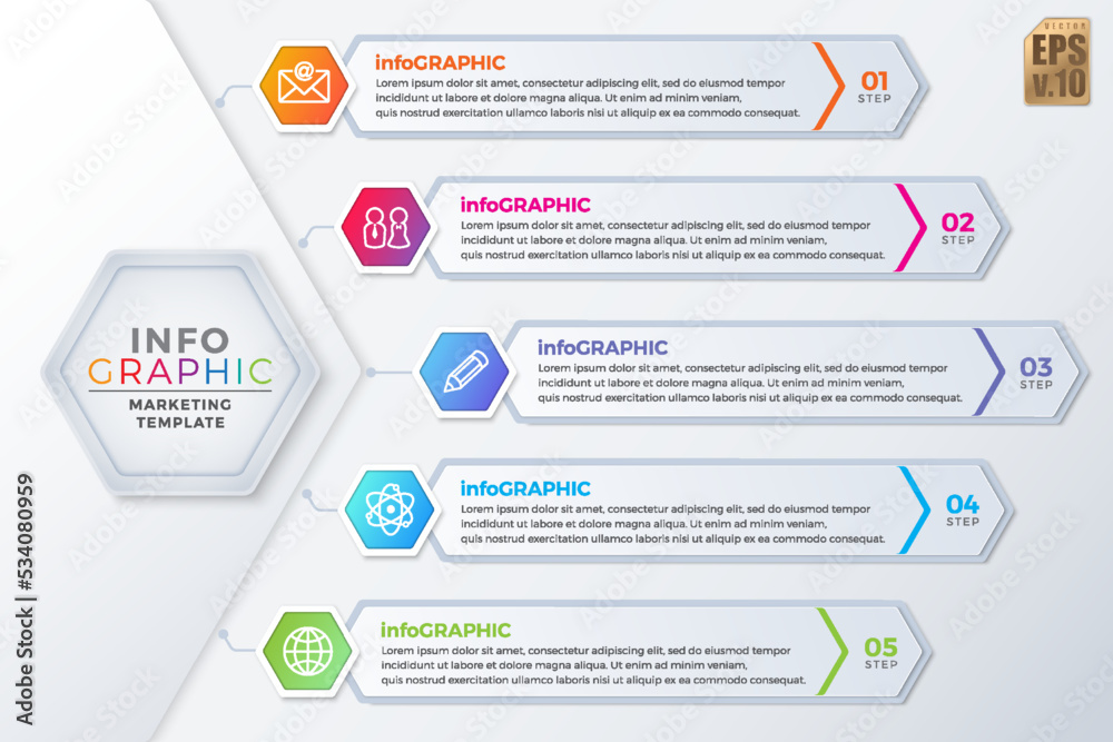 Infographic VECTOR business design hexagon icons colorful template. 5 ...