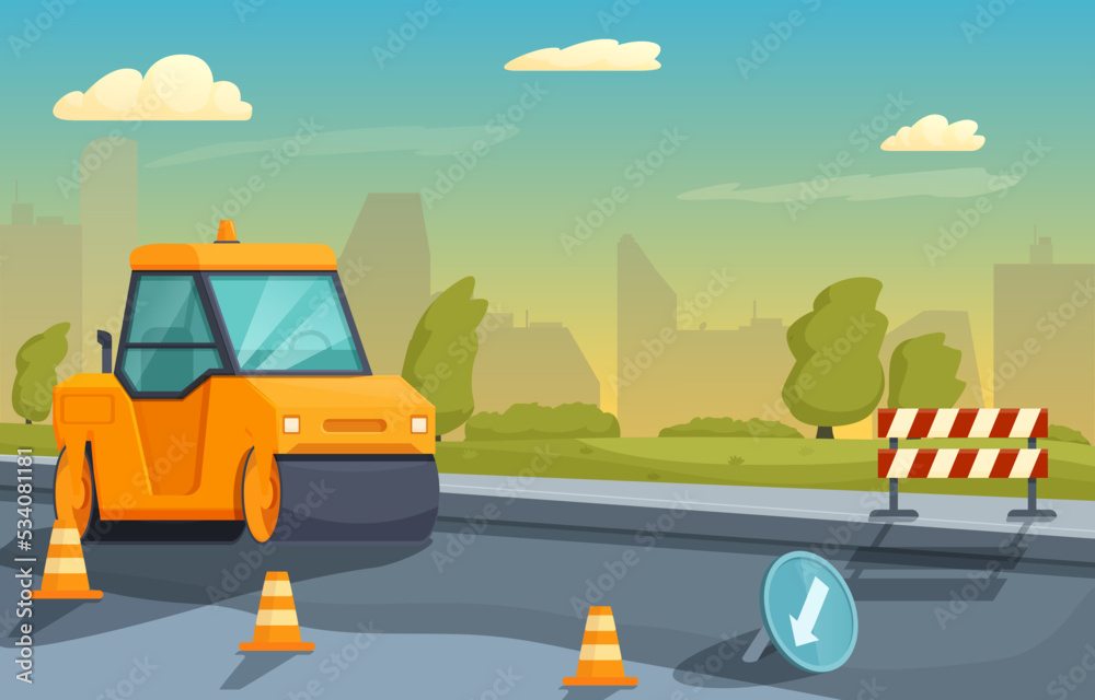 road works with asphalt roller and signs on city background, vector ...