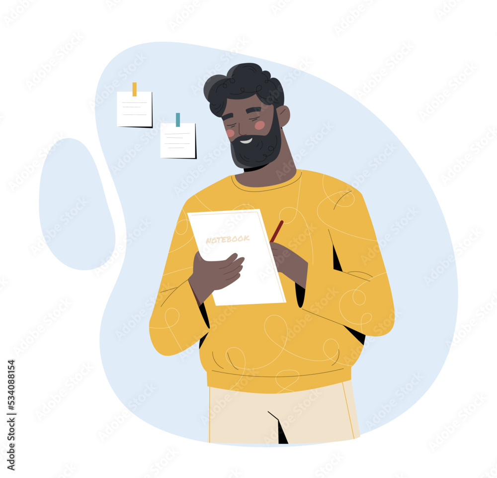 Man write notes. Young guy sets goals, plans. Poster or banner for ...