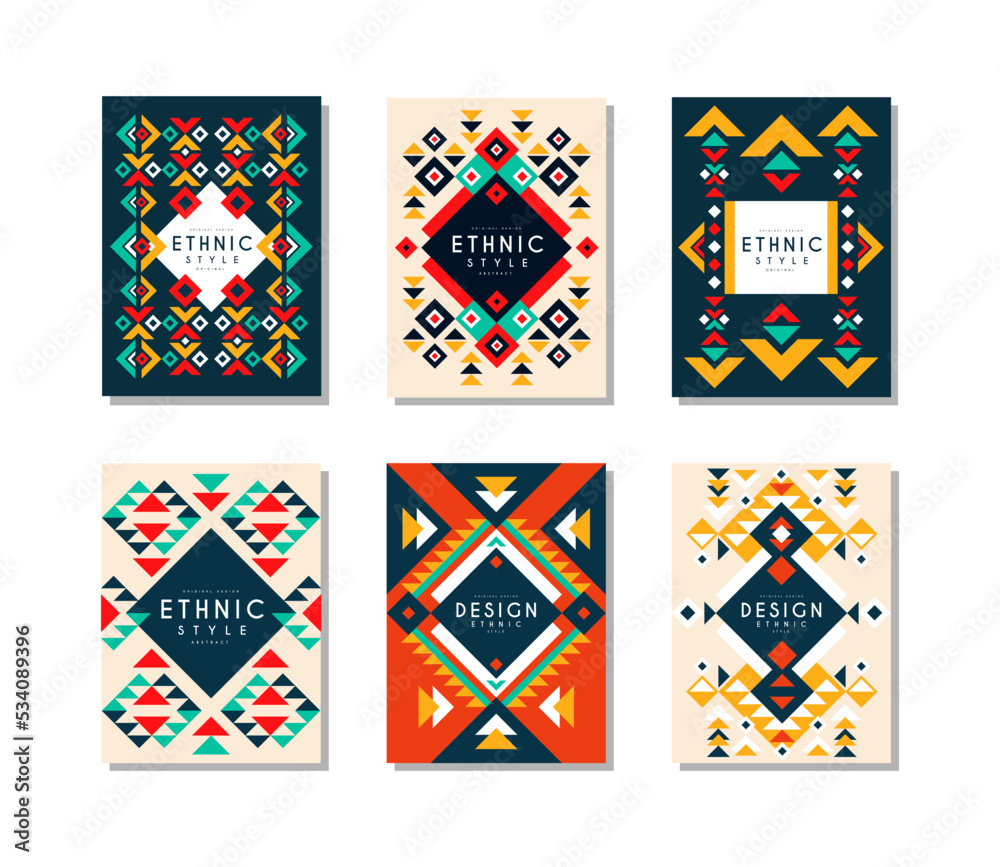 Ethnic style card templates set. Bright geometric banner, brochure ...