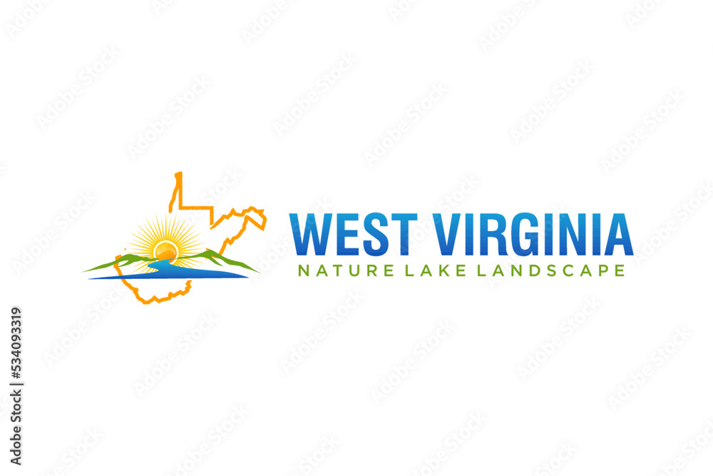 West Virginia outline map logo design with mountain sunrise river lake ...