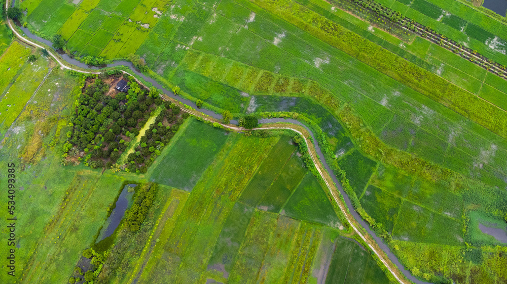Aerial view of an irrigation canal system in an agricultural area or ...