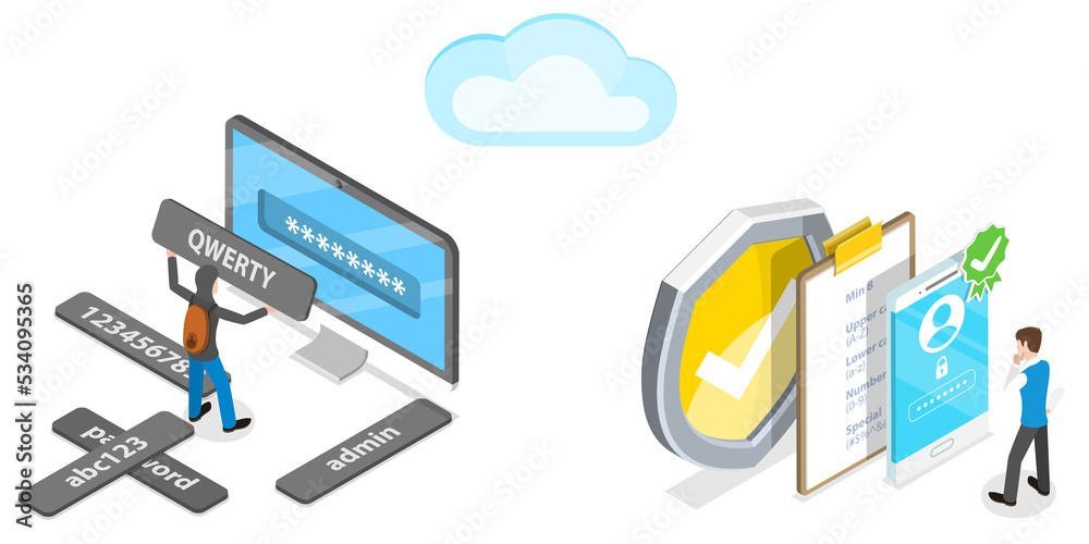 Strong Password Requirements and Cybersecurity. 3D Isometric ...